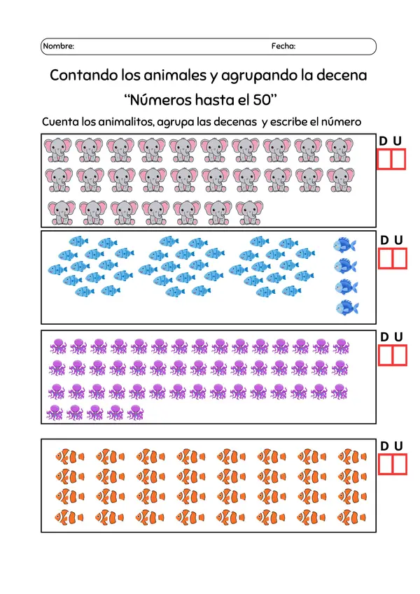 Actividad de conteo 0 al 50 y agrupar las decenas primero básico ...