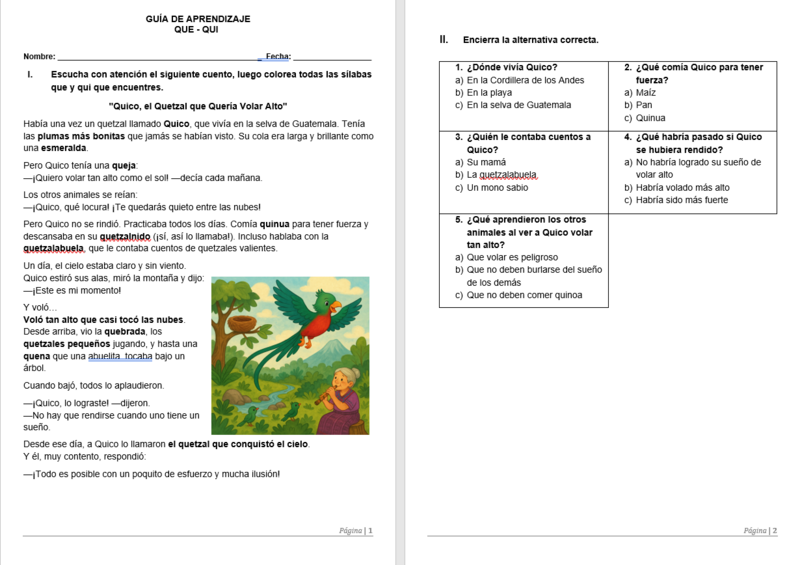 Guía de aprendizaje - Letra Q (manuscrita/ligada) | profe.social