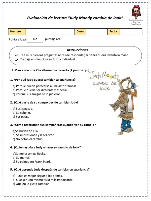 Evaluación de lectura “Judy Moody cambia de look” | profe.social