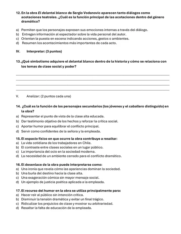 Evaluación de la lectura "El delantal blanco" | profe.social