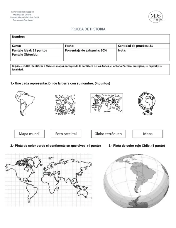 Prueba 1° Básico " Chile en mapas" | profe.social