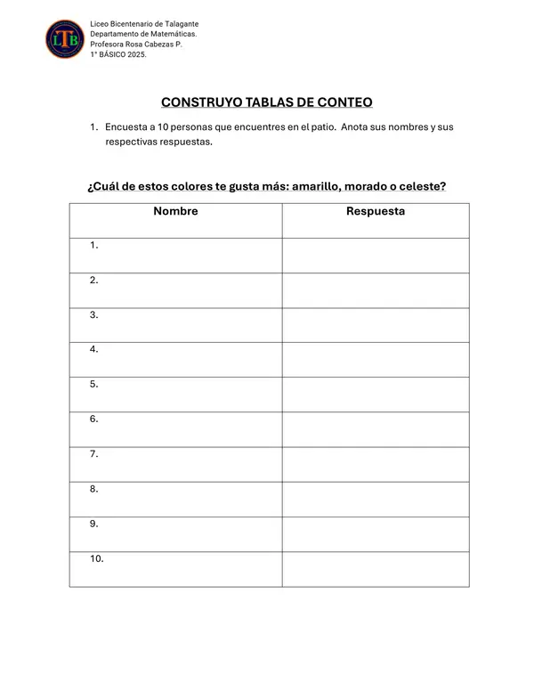 Guía de ejercitación: Tablas de conteo | profe.social