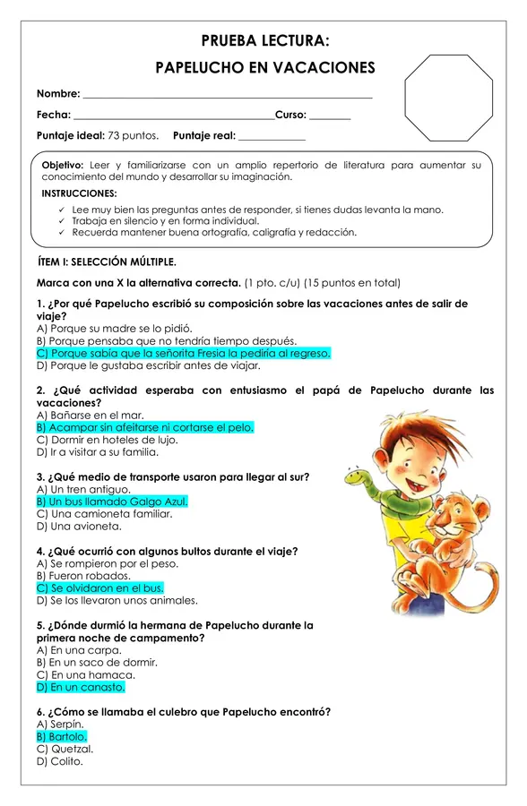 Prueba Lectura - Papelucho en vacaciones | profe.social