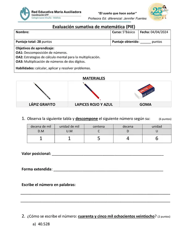 evaluación PIE multiplicación y descomposición de números | profe.social