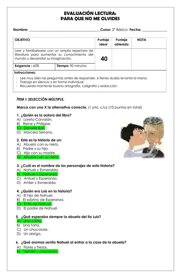 Prueba Lectura - Para que no me olvides | profe.social