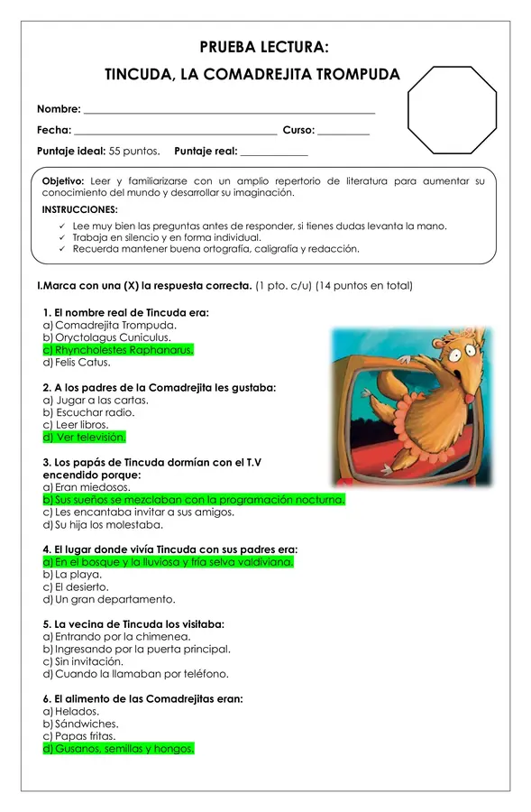 Prueba Lectura - Tincuda, la comadrejita trompuda | profe.social