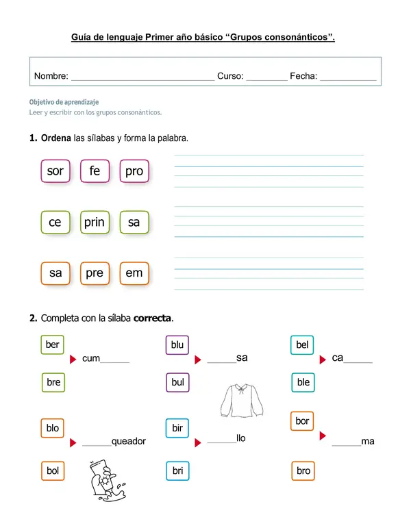 Guía de lenguaje 1°año "Grupos consonánticos Fr- Fl-Bl- Gr- Gl- Bl ...