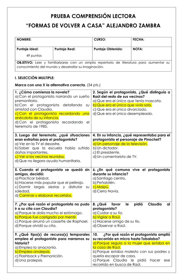 Prueba Lectura - Formas de volver a casas | profe.social