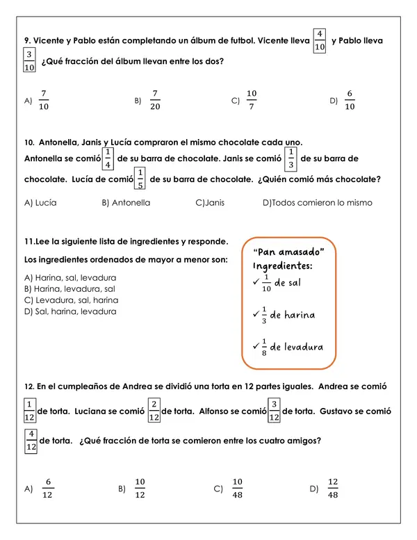Prueba Matemática - Fracciones | profe.social