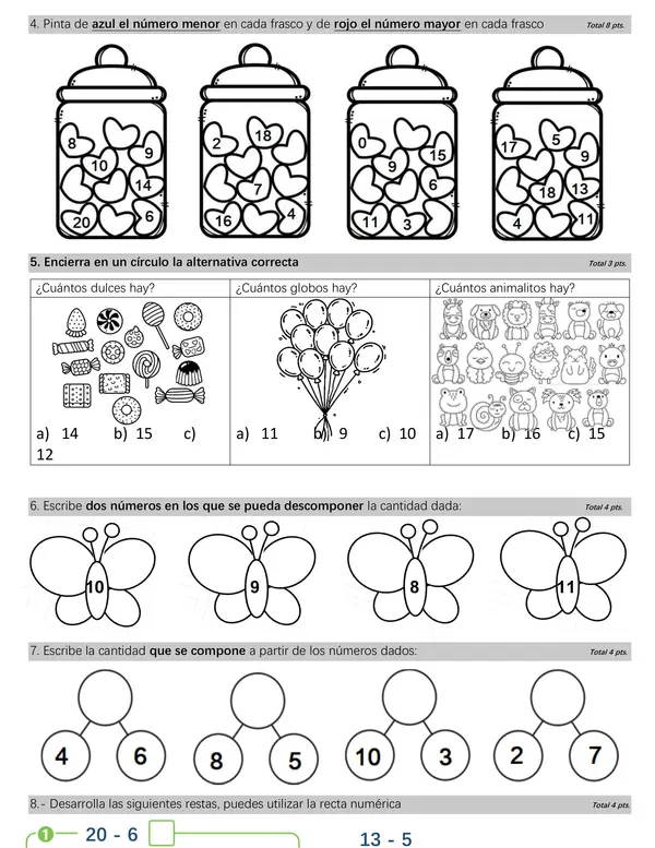 Prueba Matemática Números hasta el 20 | profe.social