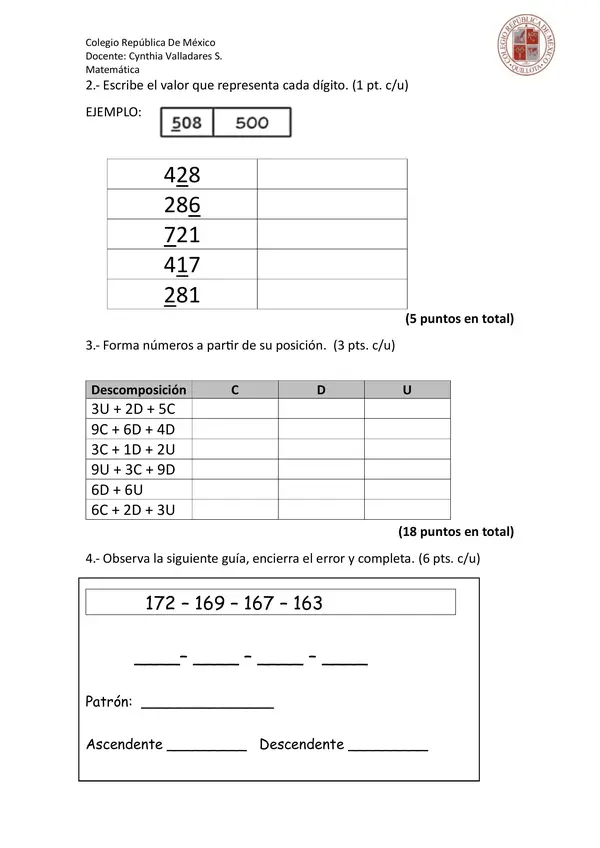 Evaluación de representación de números, secuencias, valor posicional y ...