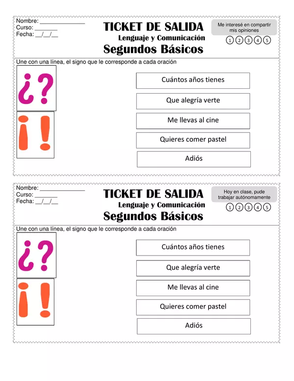 ticket de salida: signos de interrogación y exclamación | profe.social