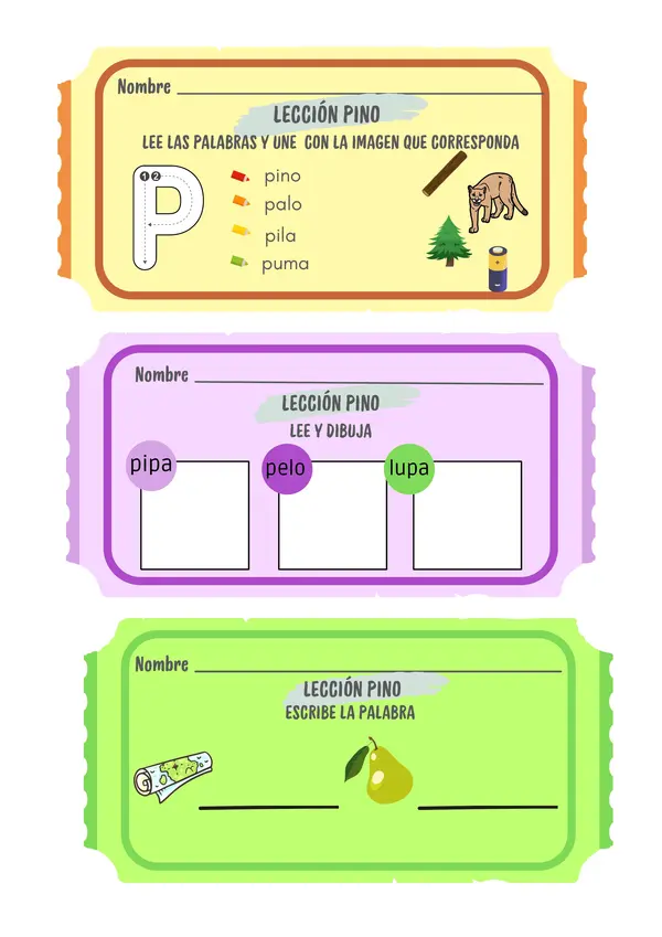 Ticket de Salida Lección Pino - Letra P | profe.social