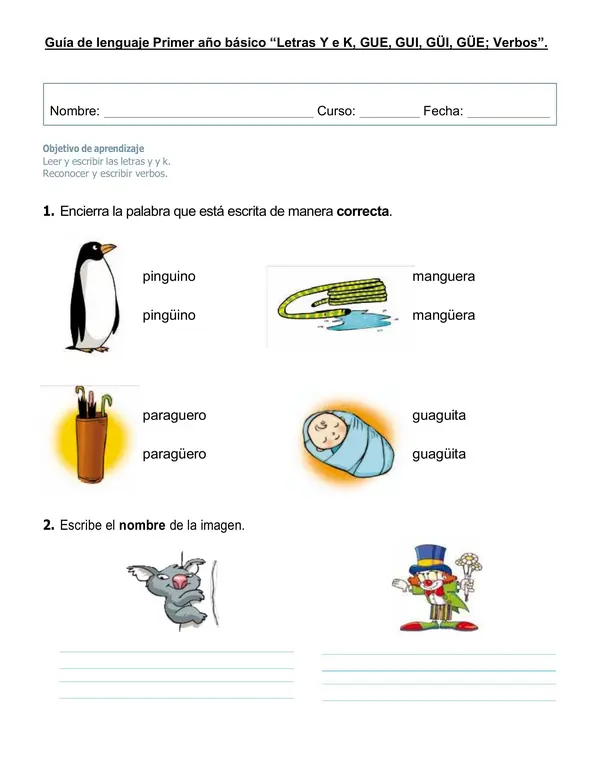 Guía de lenguaje 1°año letras Y, K, Gue, Gui, Güe, Gúi; Verbos. | profe ...