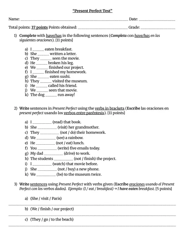 Present Perfect Test | profe.social