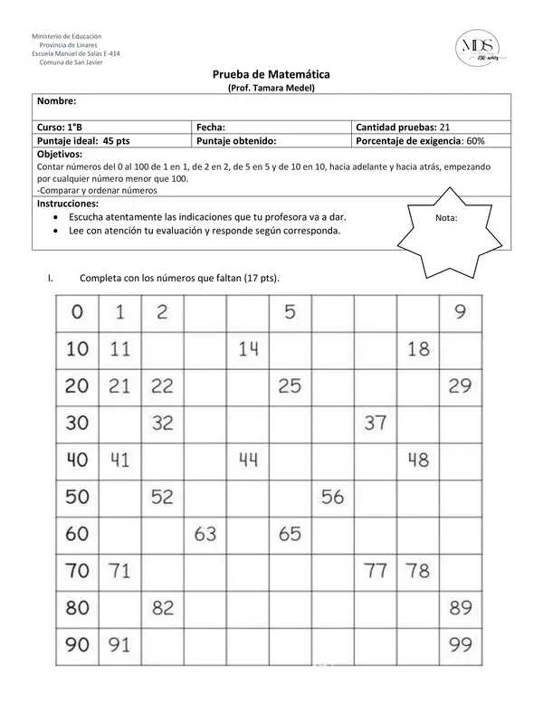 Evaluación números hasta 100 primero básico | profe.social