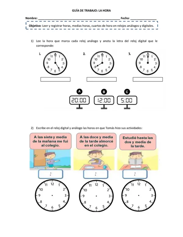 Guía de trabajo: La hora – Lectura de relojes análogos y digitales ...