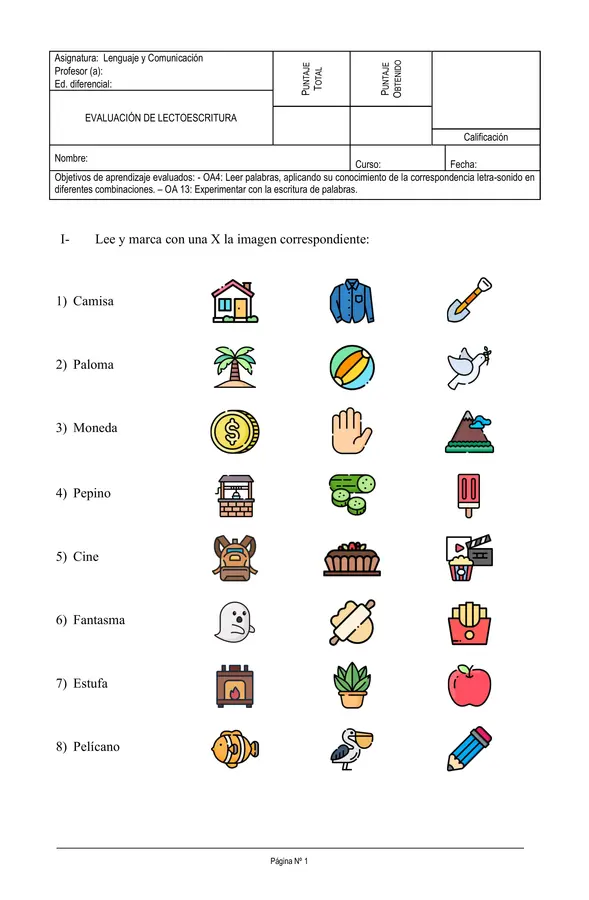 Evaluación de lectoescritura: M - P - L - S - T - D - N - F - C | profe.social