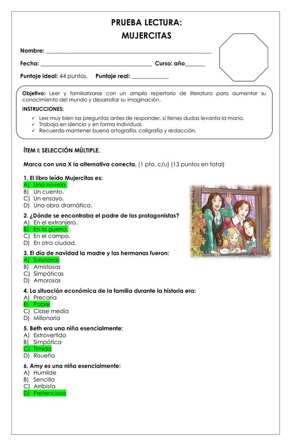 Prueba Lectura - Mujercitas | profe.social