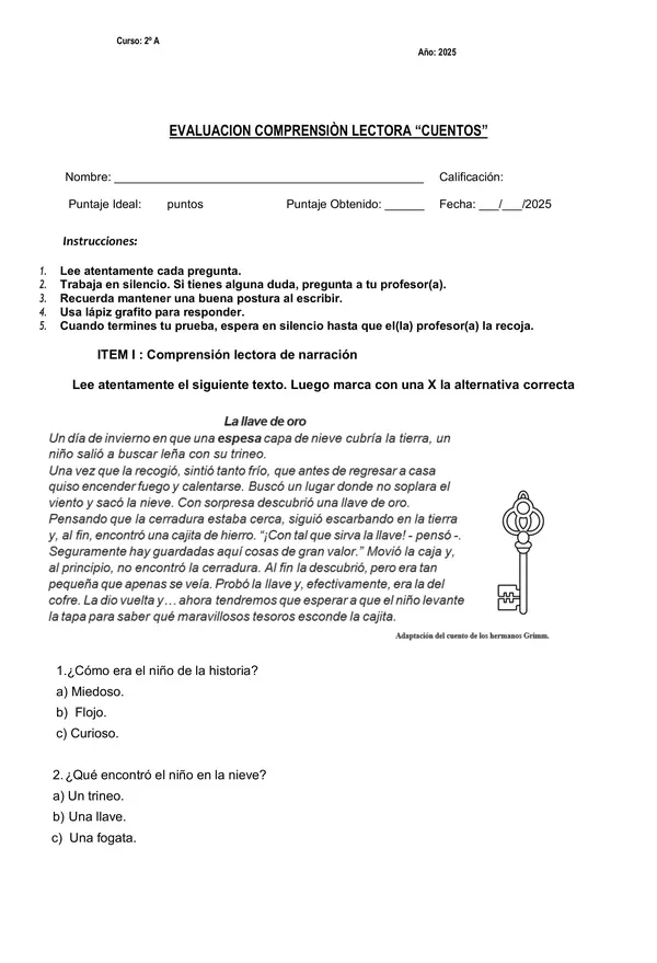Evaluación comprensión lectora “ El cuento” | profe.social
