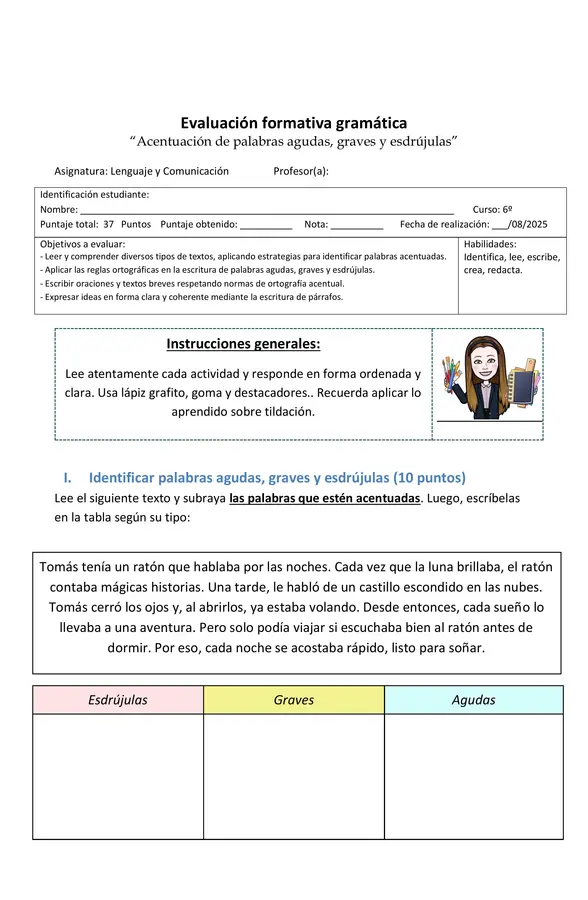 Evaluación formativa gramática “Acentuación de palabras agudas, graves ...