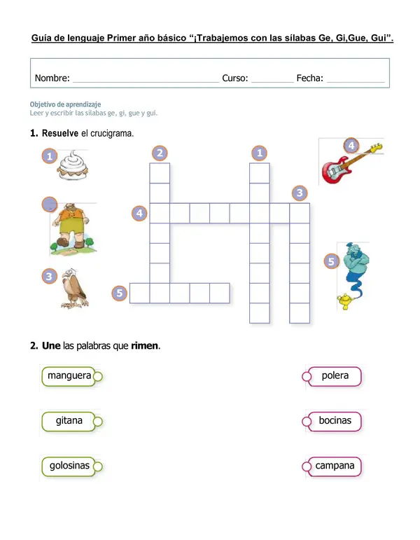 Guía lenguaje 1°año básico "Gue, ge, gui, gi" | profe.social