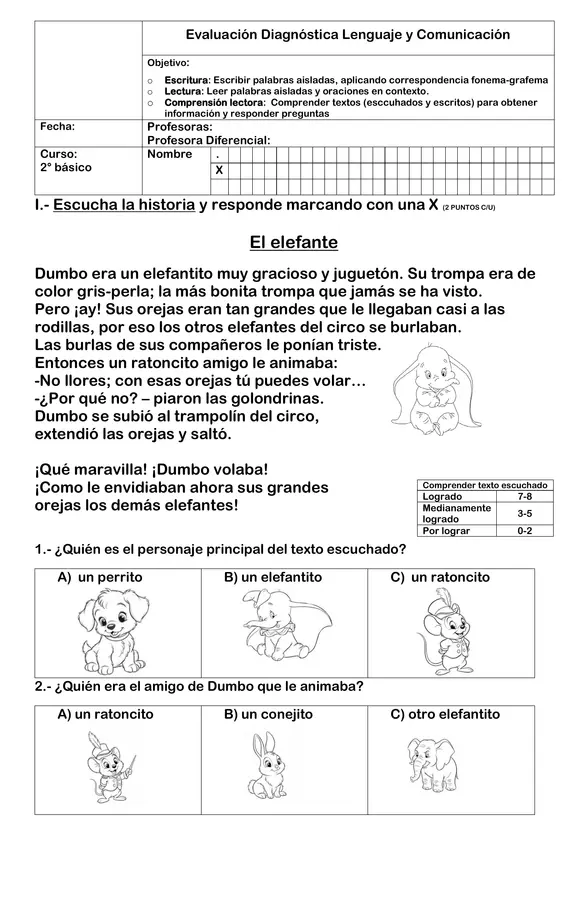 EVALUACION DIAGNÓSTICA LECTURA-ESCRITURA SEGUNDO BÁSICO | profe.social