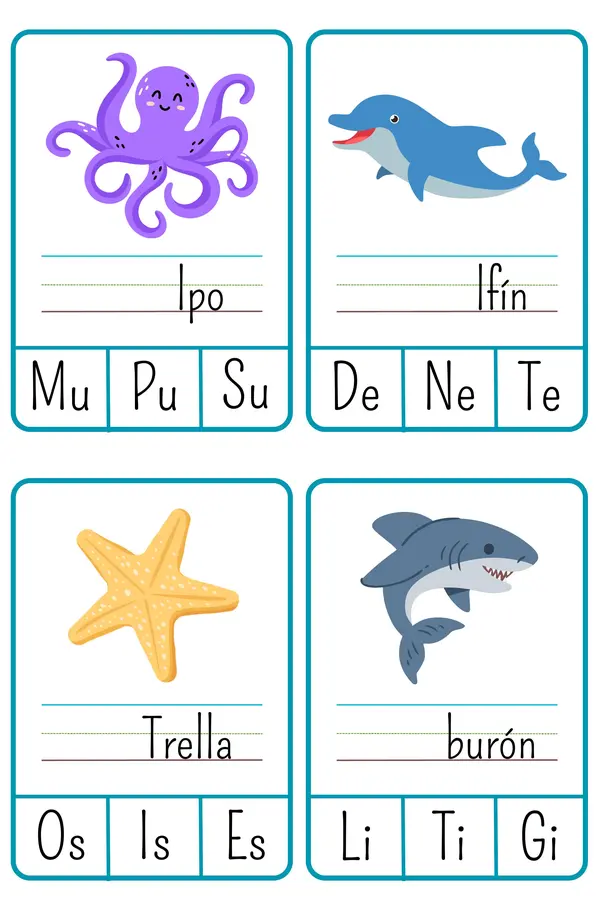 Silaba inicial de animales marinos | profe.social