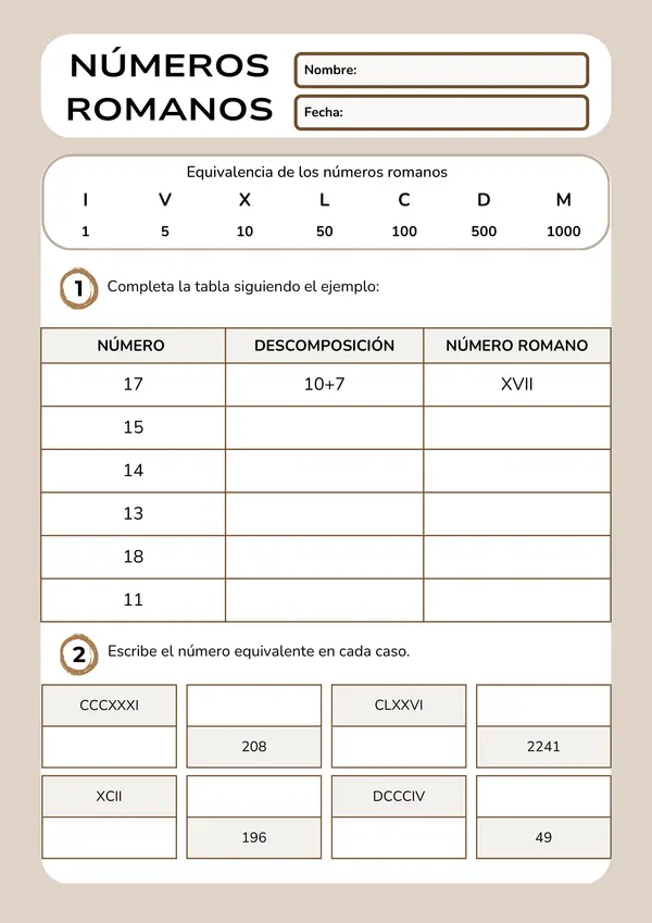 Guía de ejericicios Números romanos | profe.social