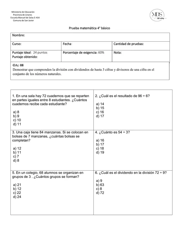 Prueba división 4° básio | profe.social