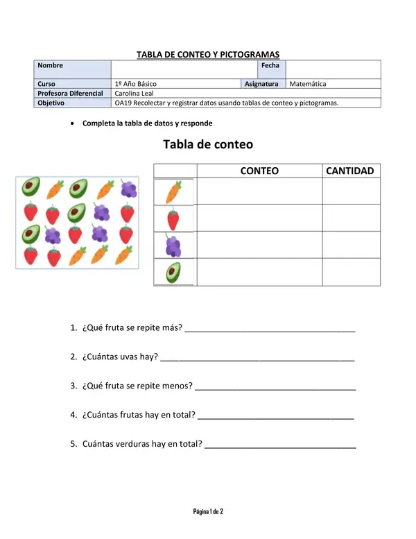 GUÍA TABLA DE CONTEO Y PICTOGRAMAS | profe.social