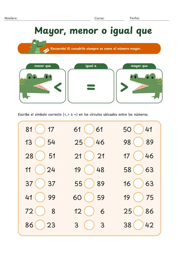 GUÍA MATEMÁTICAS- MAYOR, MENOR O IGUAL | profe.social