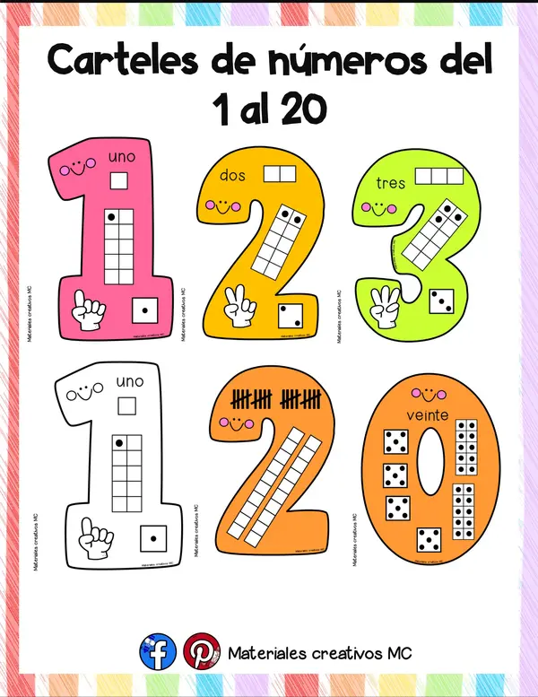 CARTELES DE NÚMEROS DEL 1 AL 20 | profe.social