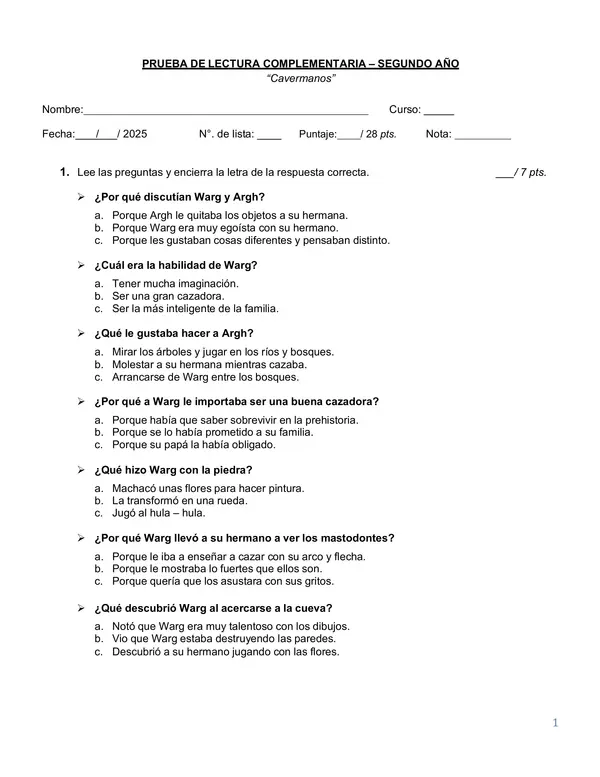 Prueba de lectura complementaria "cavermanos" | profe.social