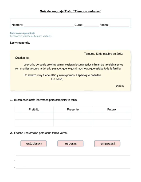 Guía de lenguaje 3°año "Tiempos Verbales" | profe.social