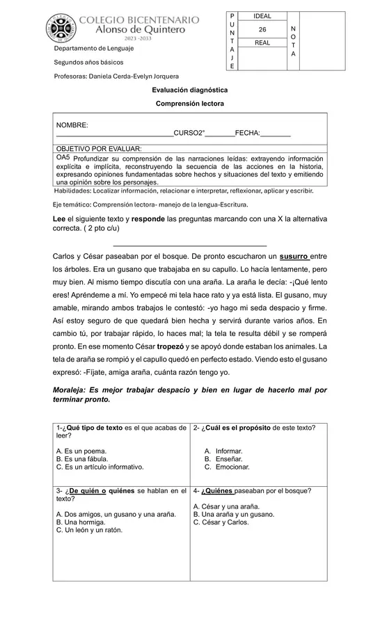 Comprensión Lectora Fábula Profe Social