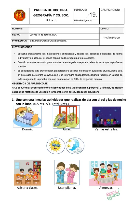 Prueba de Historia Primero básico Unidad 1 "Secuencias" | profe.social
