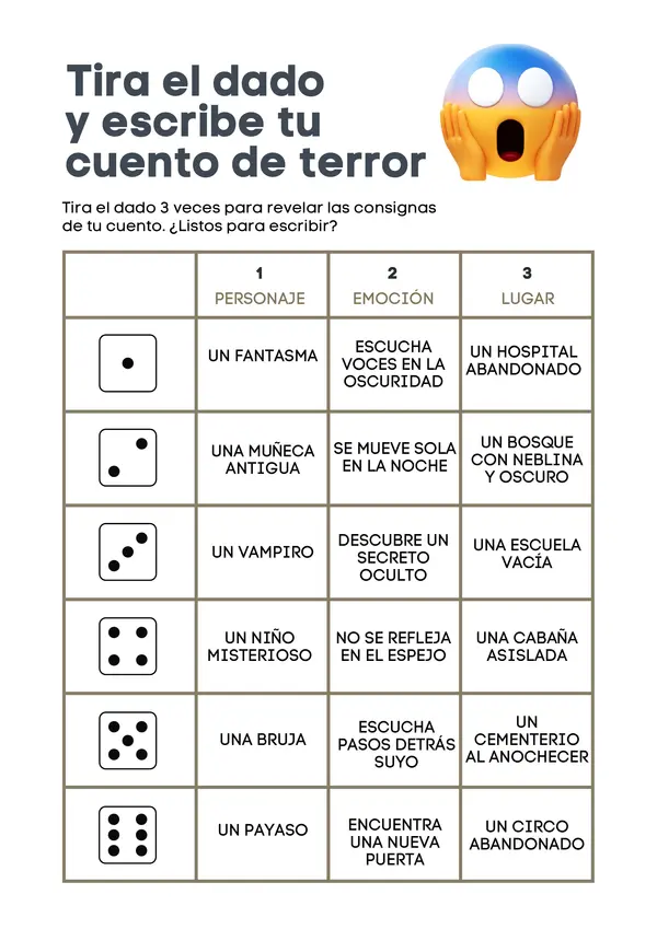 Terror - Tira el dado para escribir tu cuento de terror séptimo básico ...