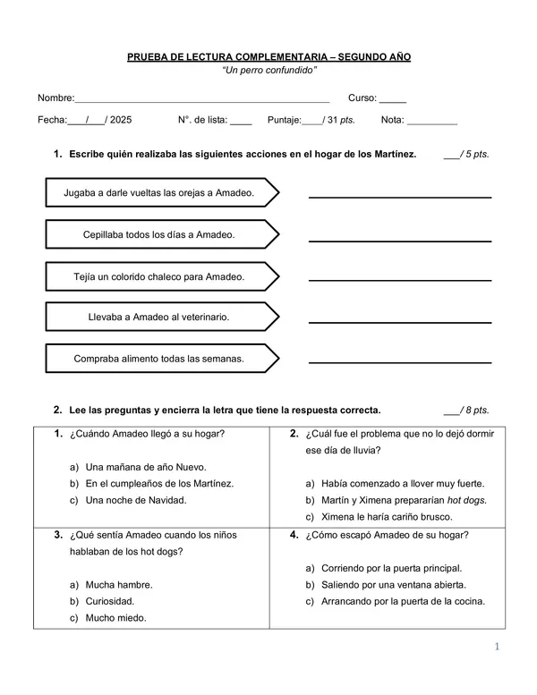 Prueba de lectura complementaria " Un perro confundido" | profe.social