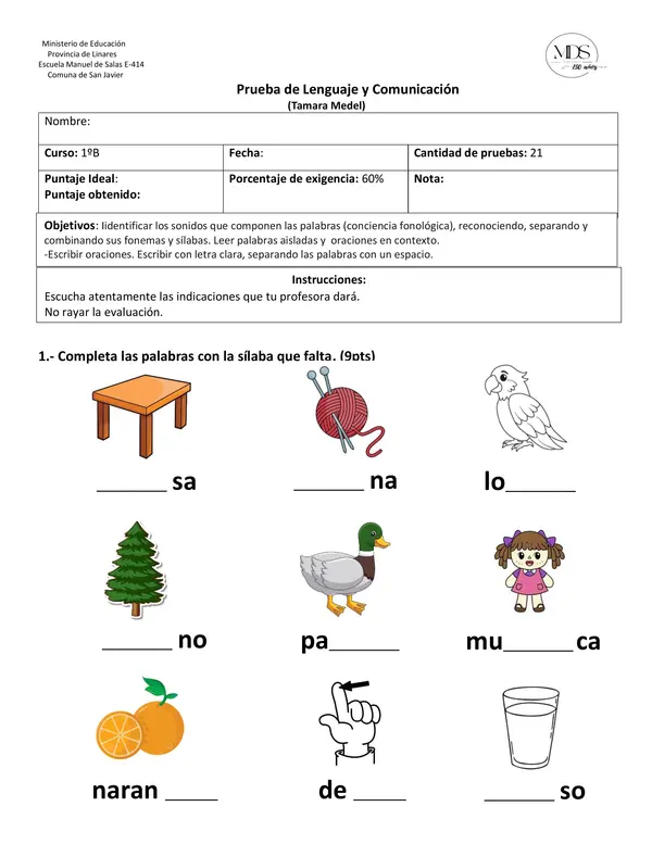 Prueba Lectura y escritura 1° básico | profe.social
