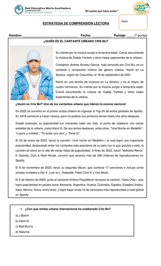 Comprensión lectora "Cris MJ" | profe.social