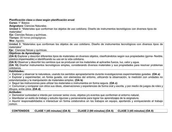 Planificación Mensual Clase a Clase - UNIDAD 3, AGOSTO CS NATURALES PRIMERO BASICO | profe.social