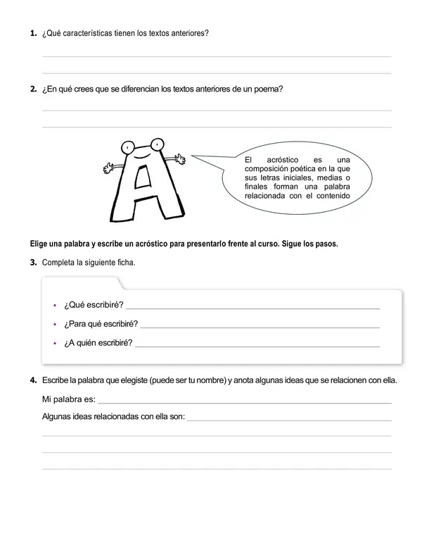 Guía de lenguaje 4°año "Escritura de un acróstico". | profe.social
