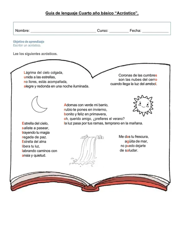 Guía de lenguaje 4°año "Escritura de un acróstico". | profe.social