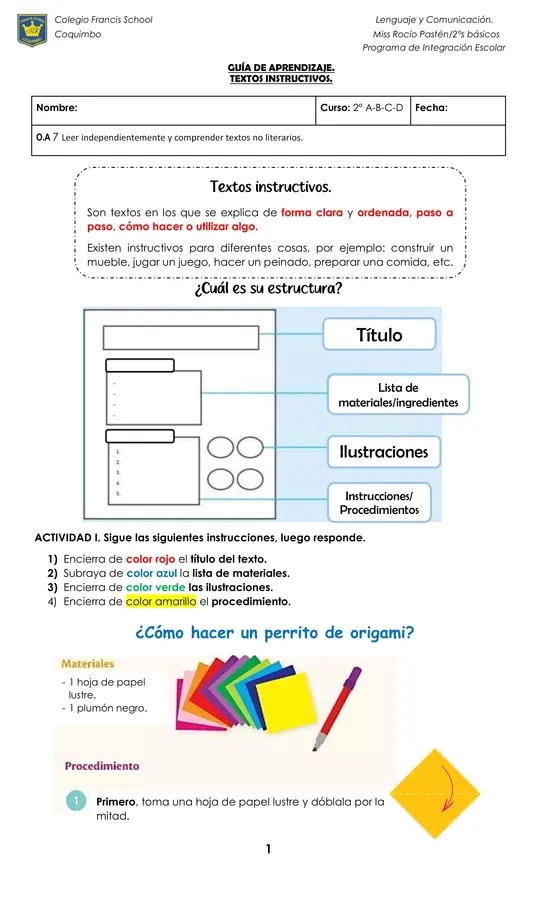 Guía de aprendizaje - Textos instructivos 2 básico | profe.social