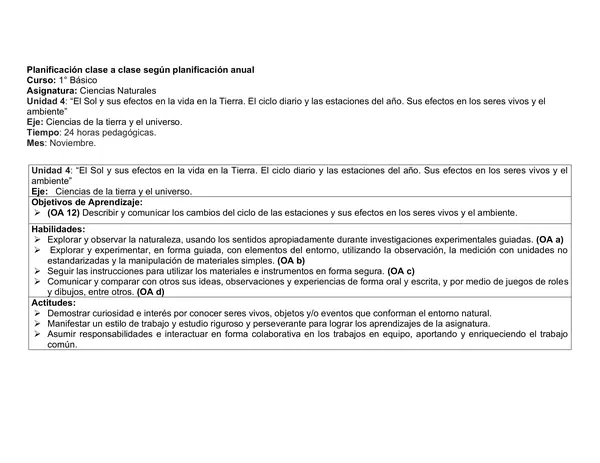 Planificación Mensual Clase a Clase - UNIDAD 4 CS NATURALES PRIMERO BASICO | profe.social