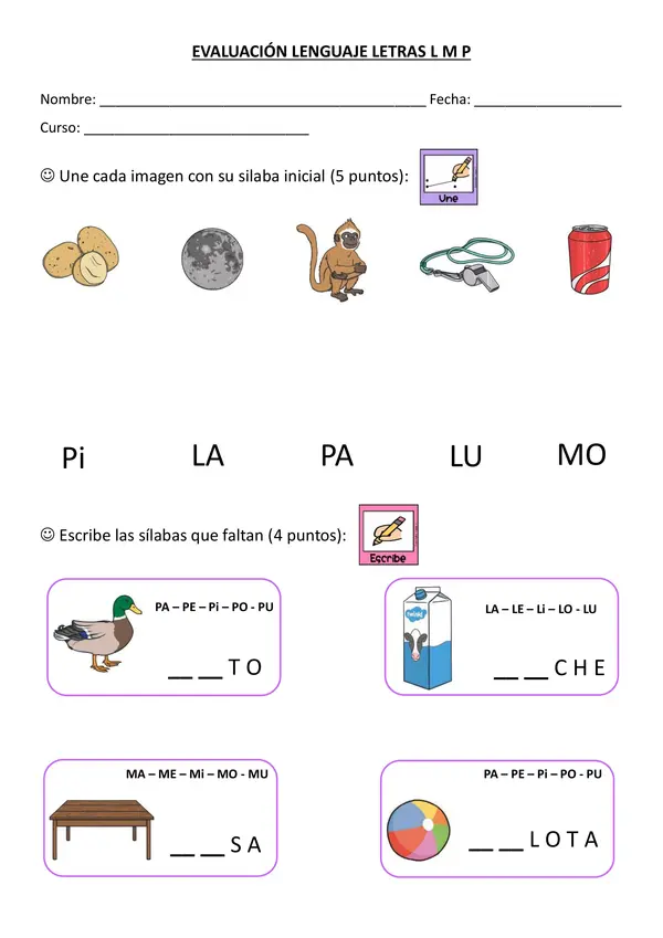 EVALUACIÓN LECTURA DE PALABRAS CON L M P | profe.social