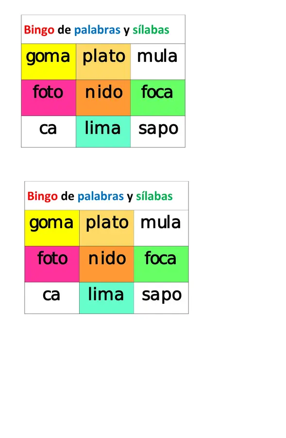 Bingo de palabras | profe.social