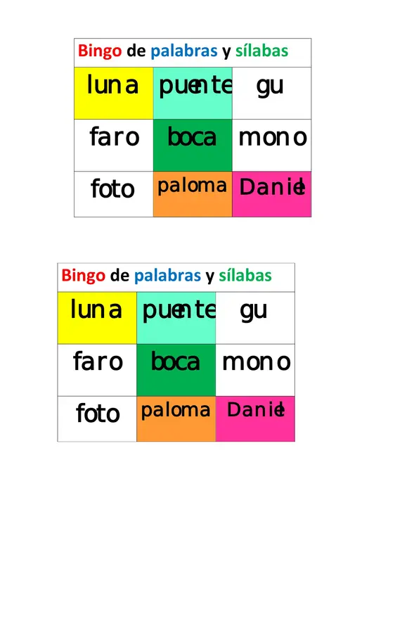 Bingo de palabras | profe.social