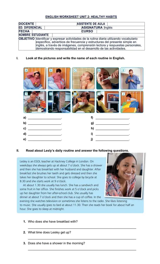 DAILY ROUTINES WORKSHEET 7° GRADE | profe.social